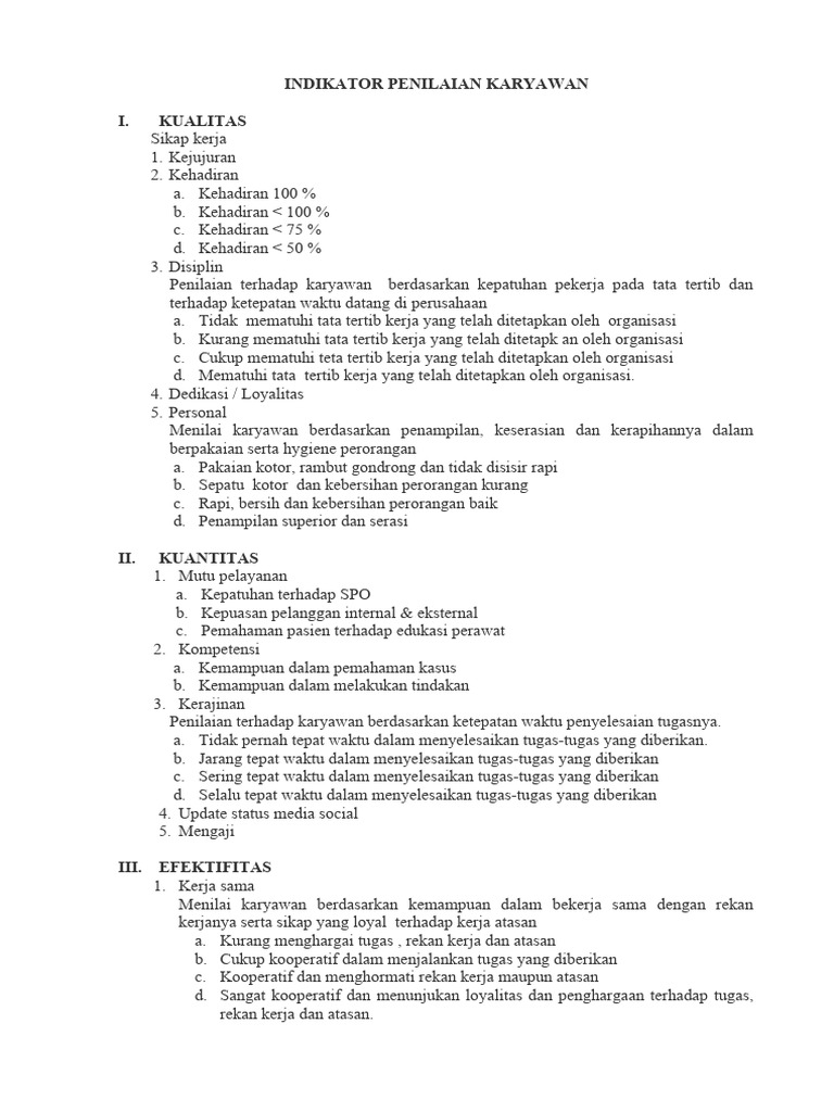 Indikator Penilaian Karyawan GSB | PDF
