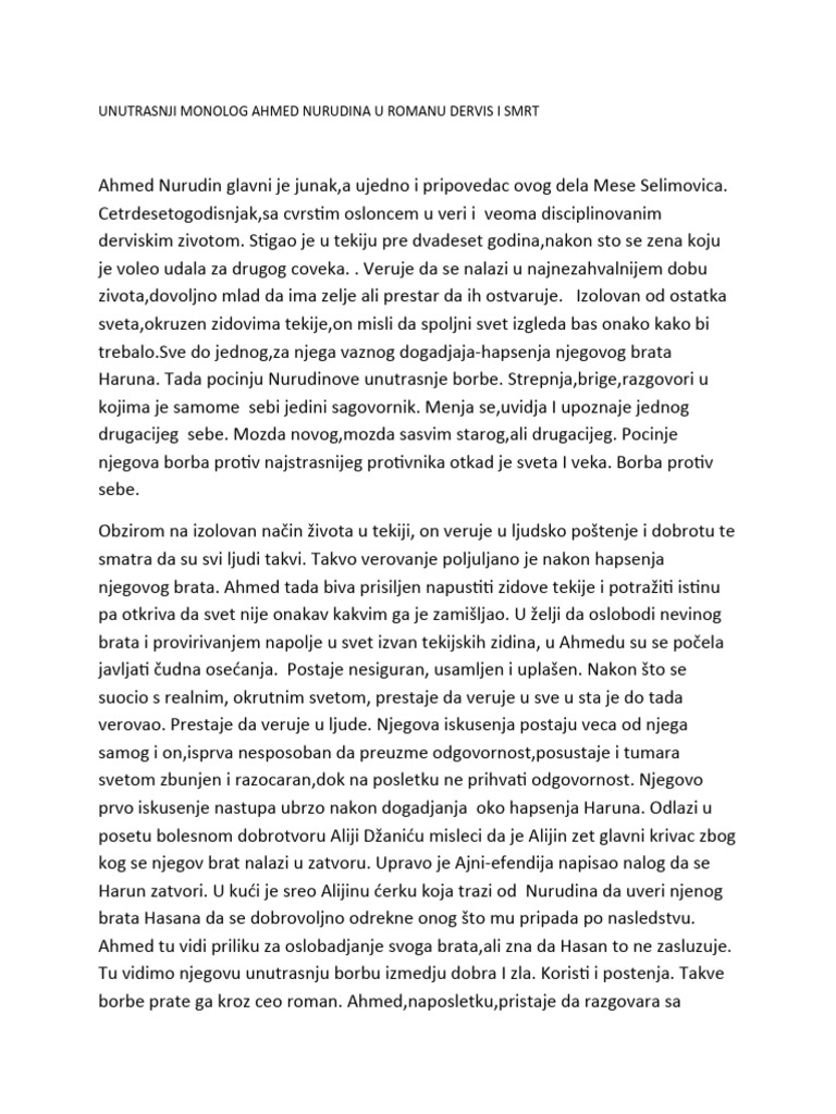 Unutrasnji Monolog Ahmed Nurudina U Romanu Dervis I SMRT2 | PDF