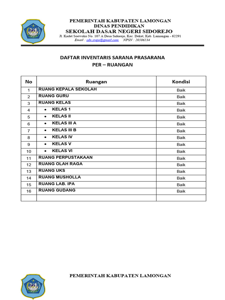 Daftar Inventaris Sarpras Peruangan 2023 | PDF