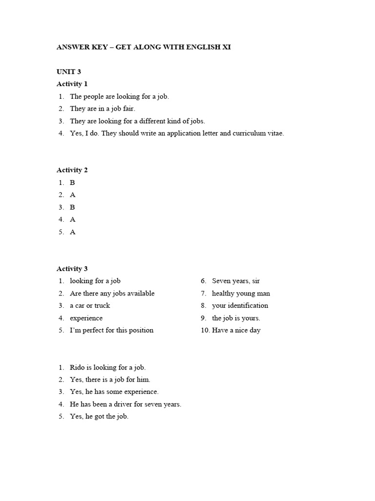 Unit 3 - Answer Key - Get Along With English - XI | PDF | Economies
