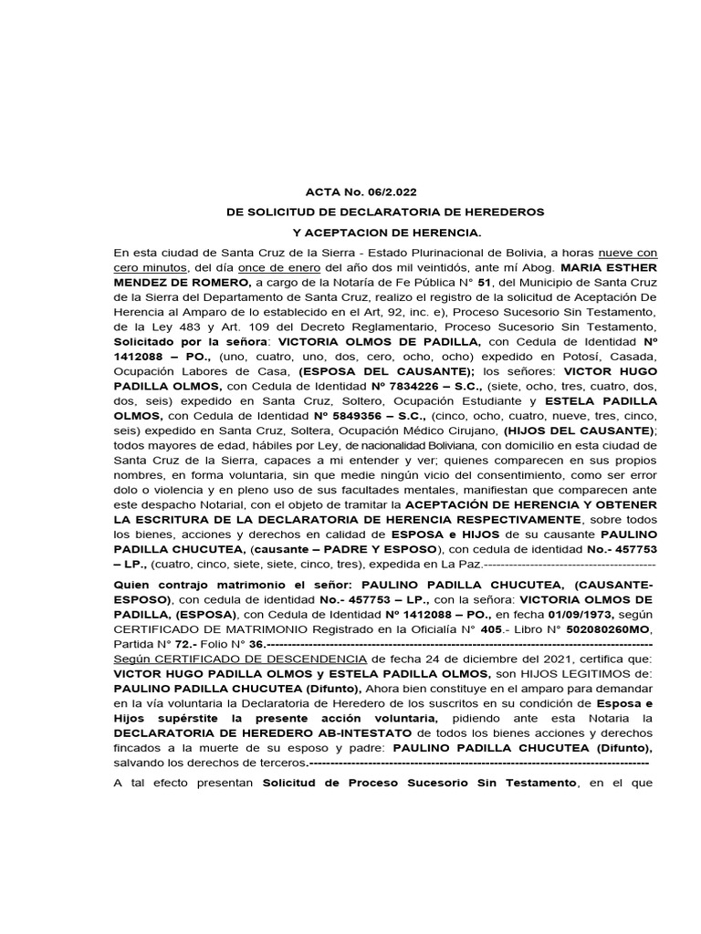 06 Acta de Aceptacion Her. | PDF | Herencia | Documento de identidad