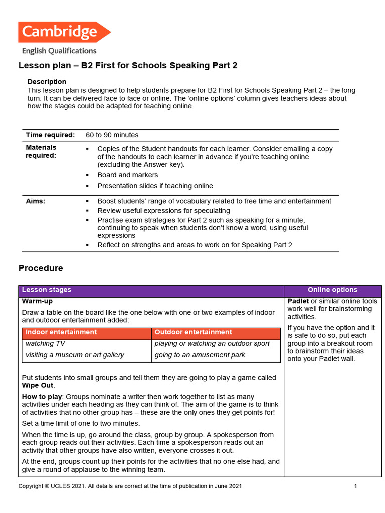 Lesson Plan b2 First For Schools Speaking Part 2 | PDF | Vocabulary ...