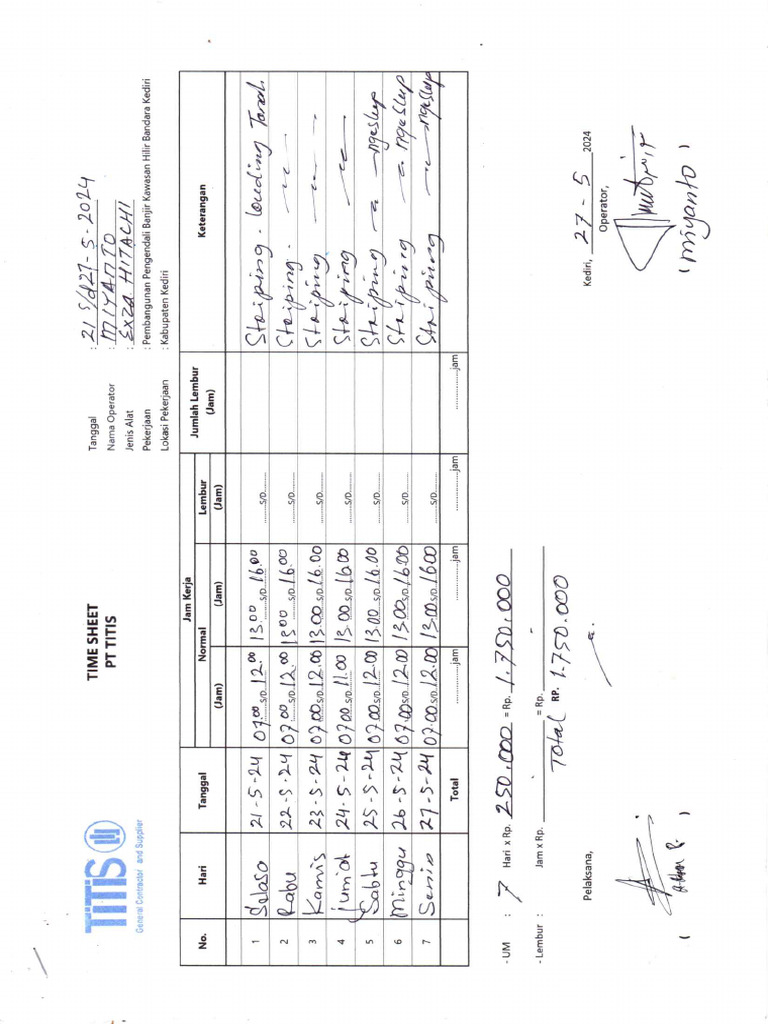 Time Sheet OP MIYANTO 21 Mei - 20 Juni 2024 (Hilir Bandara Kediri) | PDF