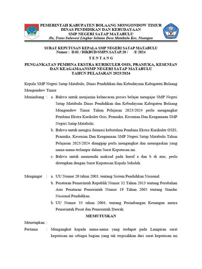 SK Pembina Ekstrakurikuler | PDF