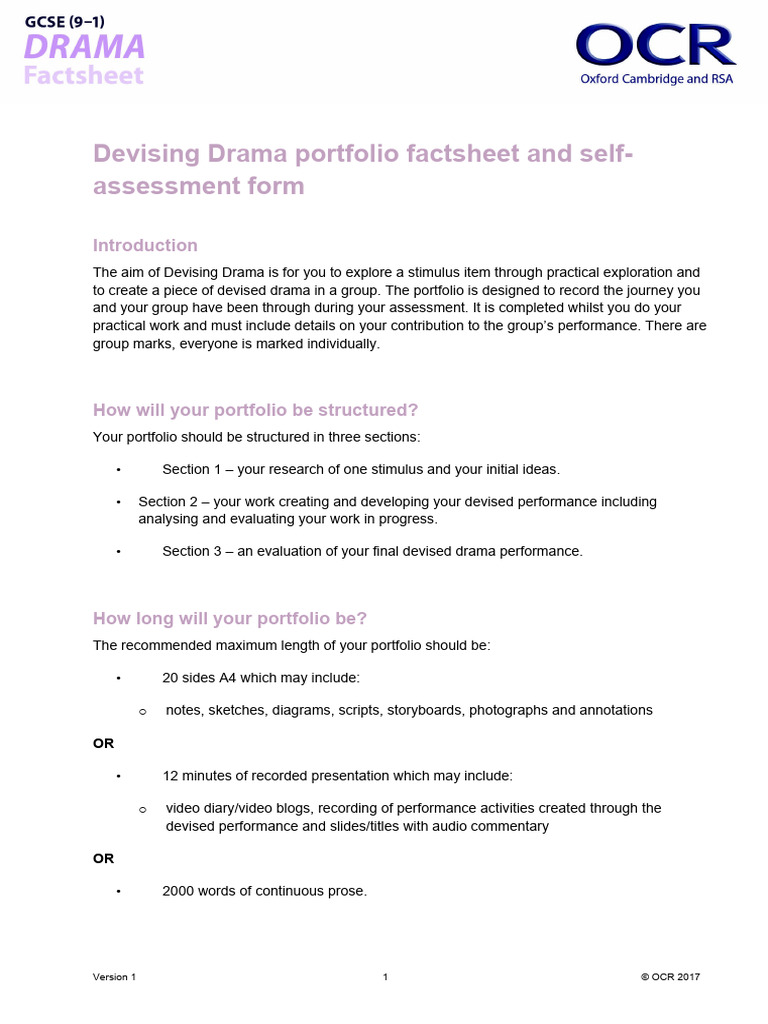 Devising Drama Portfolio Factsheet and Self Assessment Form | PDF ...