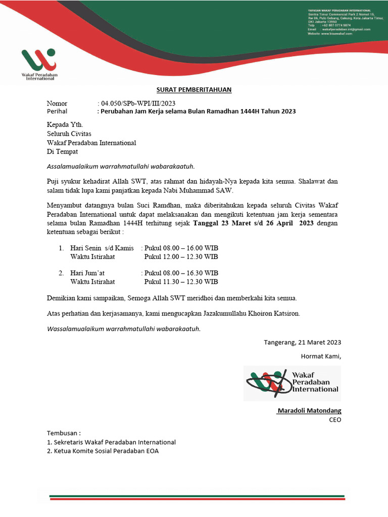 Surat Edaran Jam Kerja Ramadhan WPI | PDF | Perjalanan | Sains & Matematika