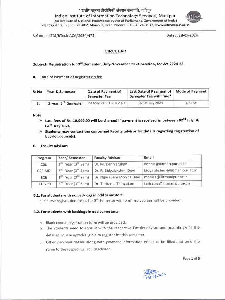 CIRCULAR-475 - 3rd Sem Registration | PDF