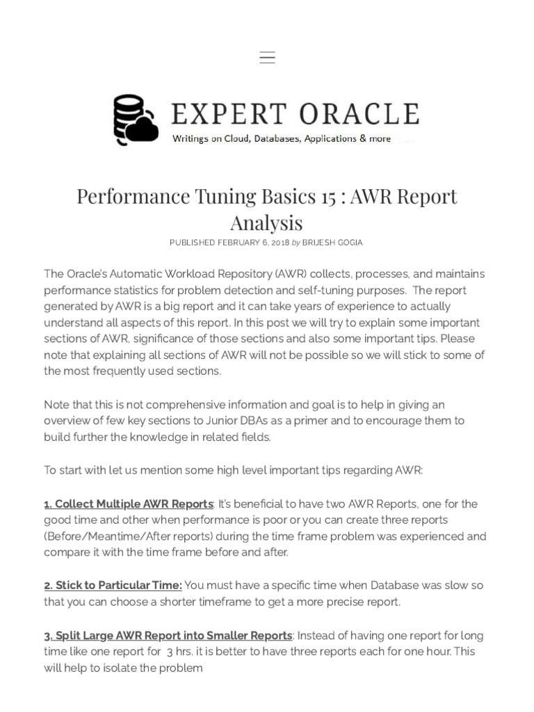 Performance Tuning Basics 15 - AWR Report Analysis - Expert Oracle | PDF | Central Processing ...