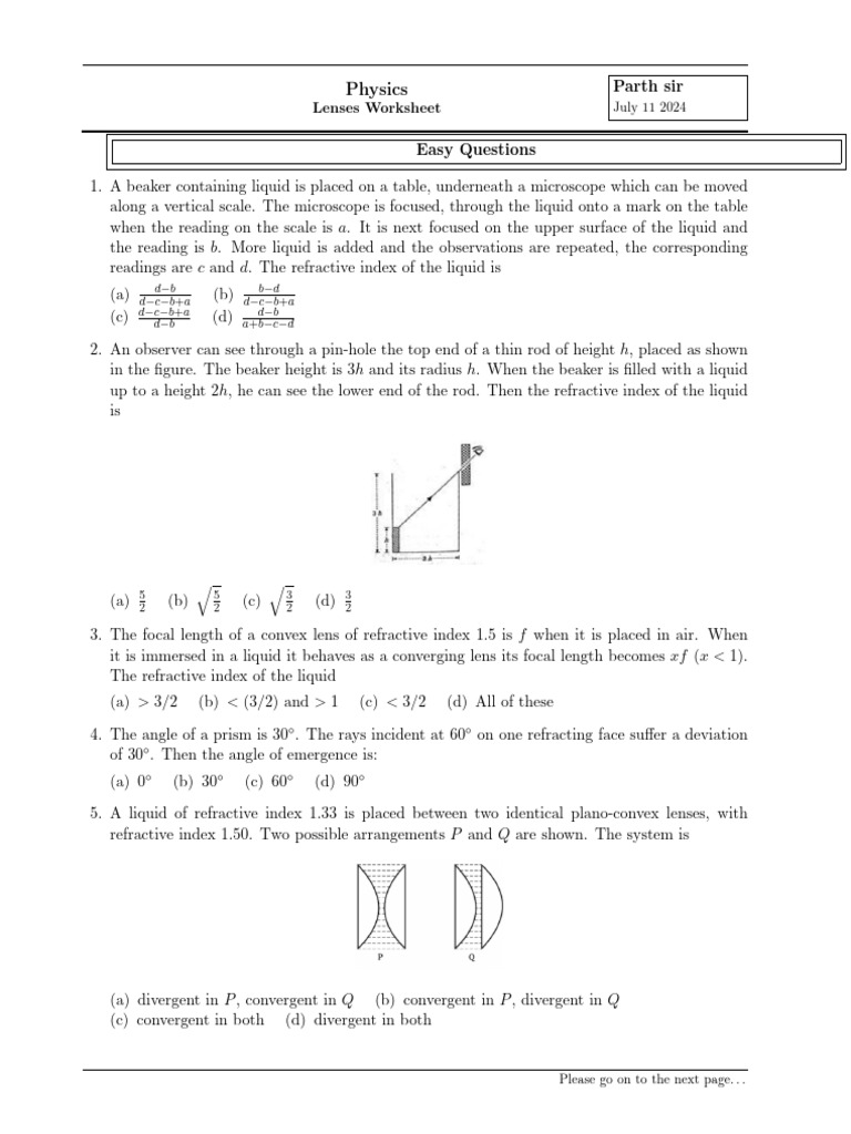 Lenses Worksheet | PDF | Materials Science | Electrodynamics