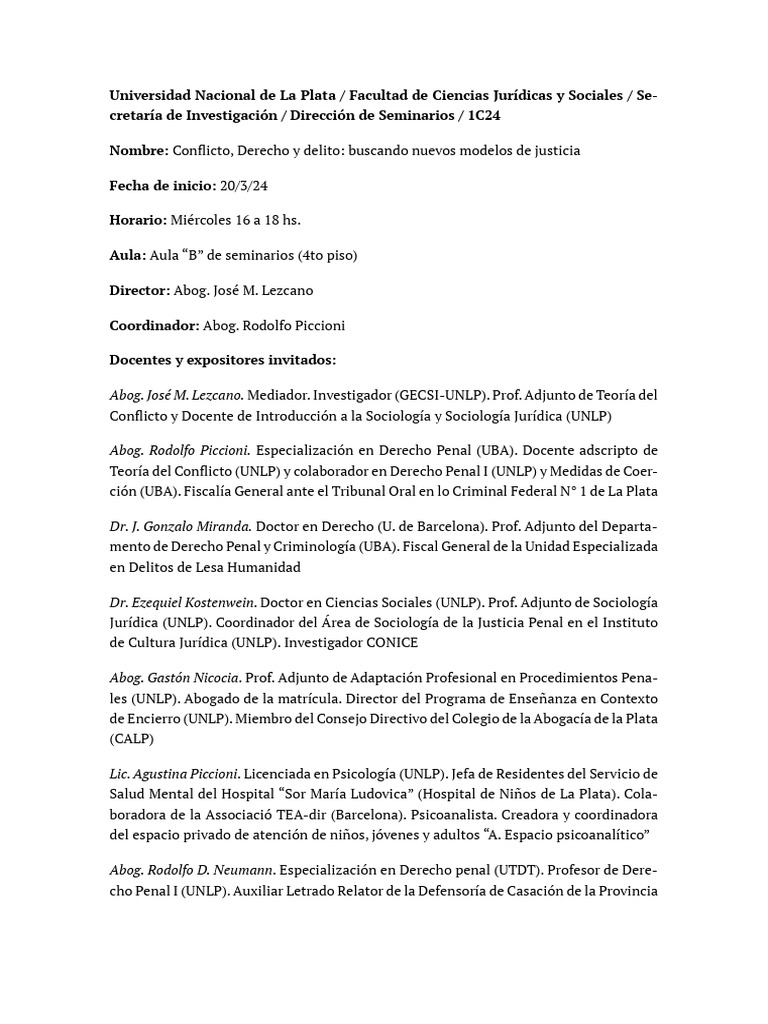 Seminario Conflicto Derecho y Delito - UNLP 2024 | PDF | Castigos | Derecho penal