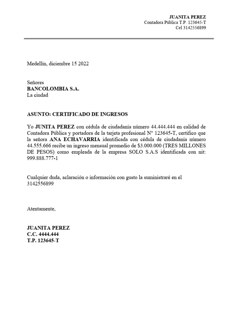 Certificado de Ingresos Modelo | PDF