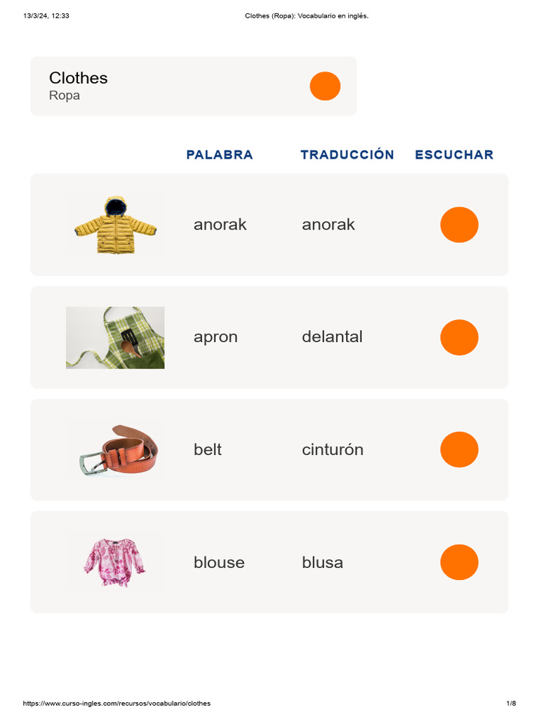 Clothes (Ropa) - Vocabulario en Inglés | PDF | Ropa | Apariencia humana