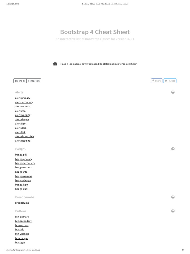 Bootstrap 4 Cheat Sheet - The Ultimate List of Bootstrap Classes | PDF | Bootstrap (Front End ...