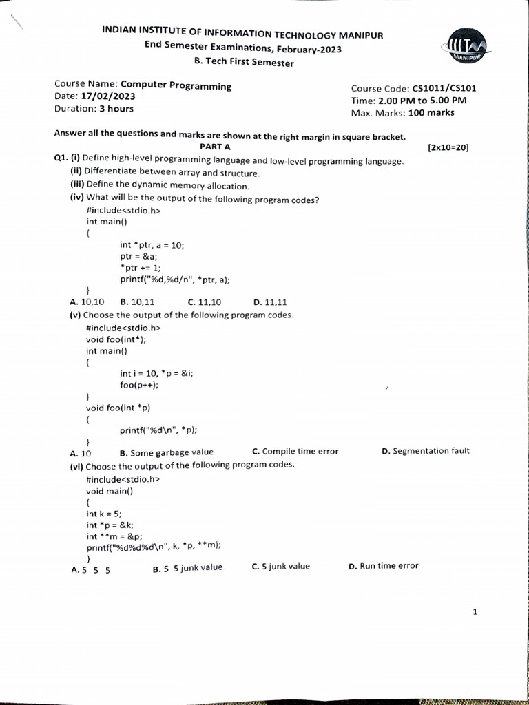Clanguage Sem1 Question Paper 2023 | PDF | Computer Engineering ...