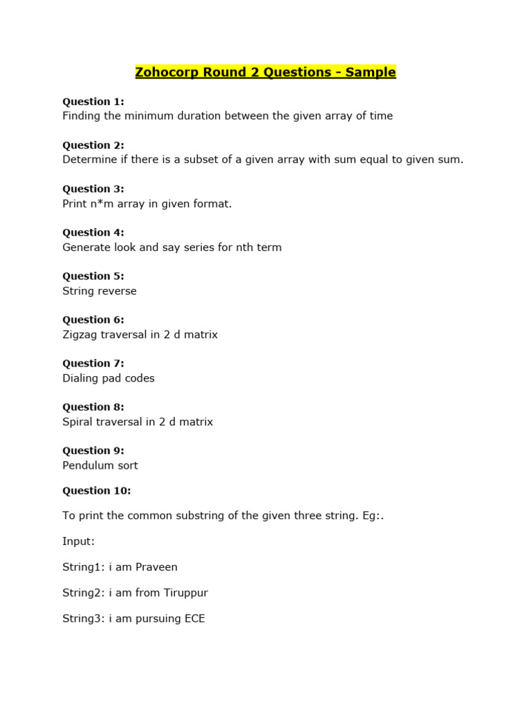 Zoho Round 2 | PDF | String (Computer Science) | Numbers Zoho Round 2 | PDF | String (Computer Science) | Numbers
