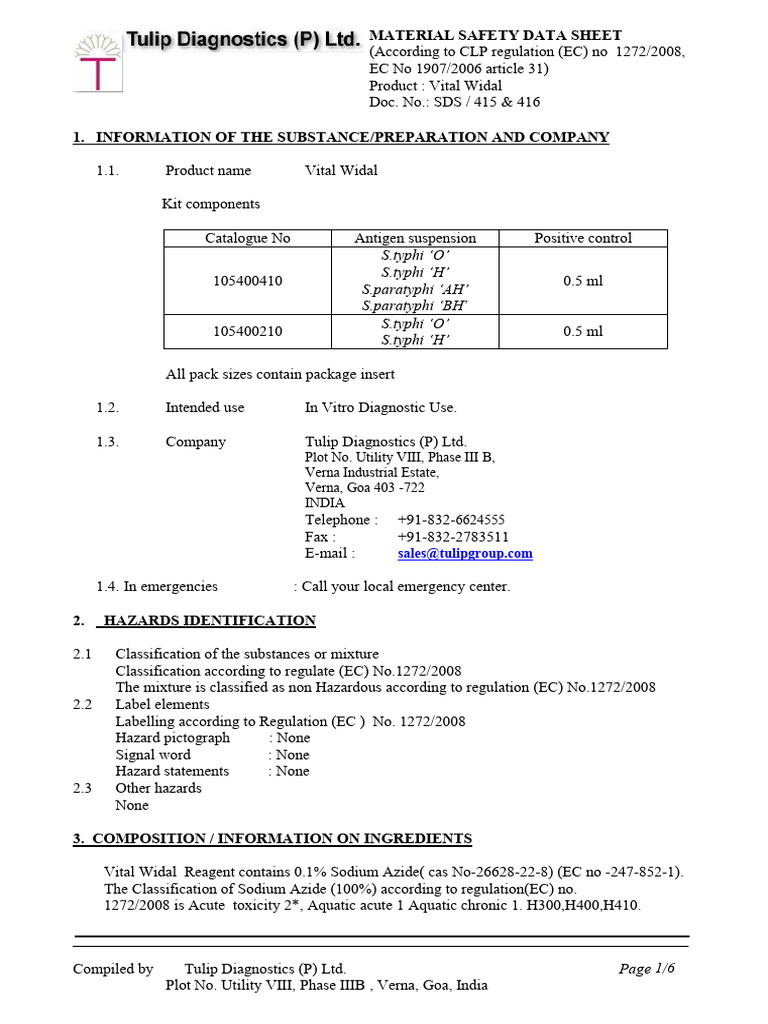 Widal Kit MSDS | PDF | Firefighting | Water