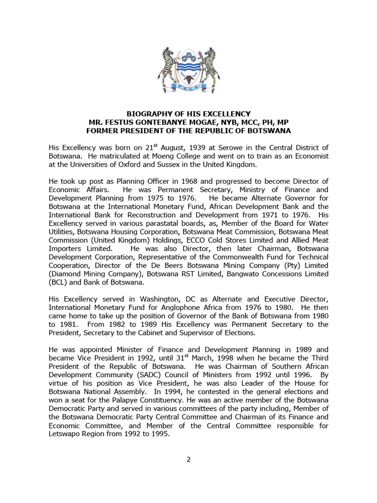 Biography of Festus Mogae | PDF | Botswana | Government