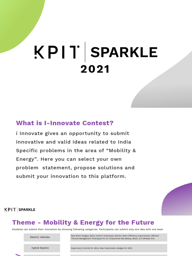 KPIT Sparkle 2021: Innovation Contest | PDF | Electric Vehicle | Hybrid ...
