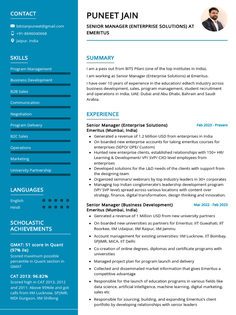 Resume - Puneet Jain - BITS Pilani Emeritus - 02092023 | PDF | Sales ...