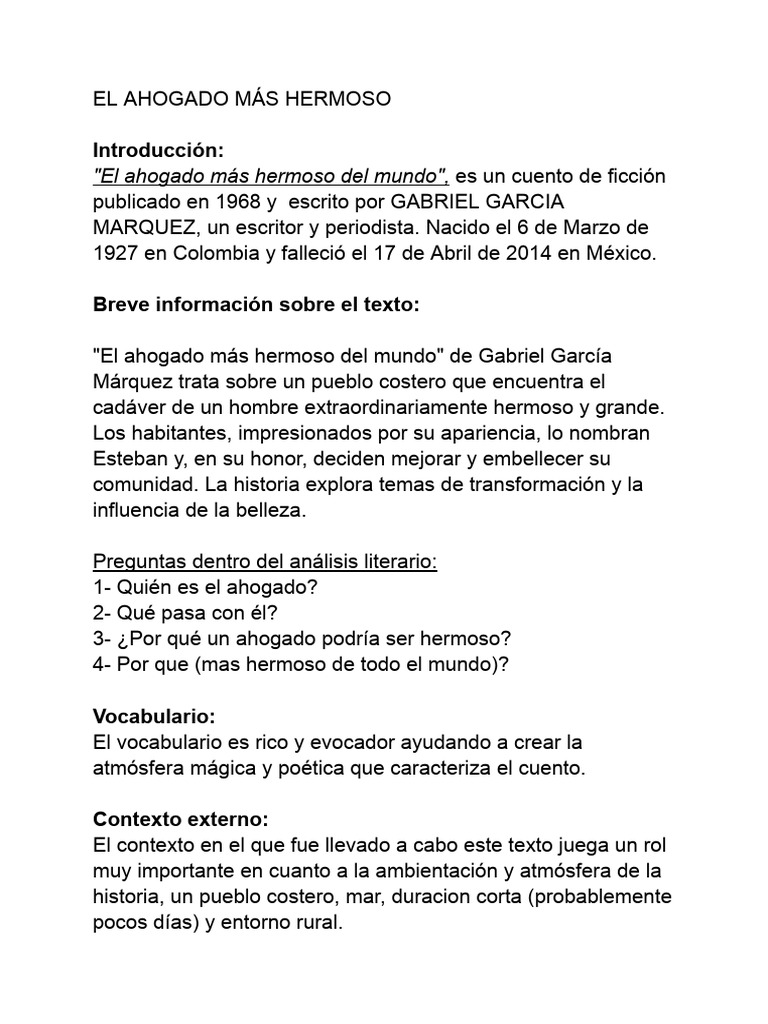 El Ahogado Más Hermoso - Agus | PDF