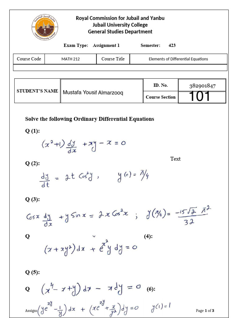 Assignment 1 (MATH 212) (Sem. 423) | PDF