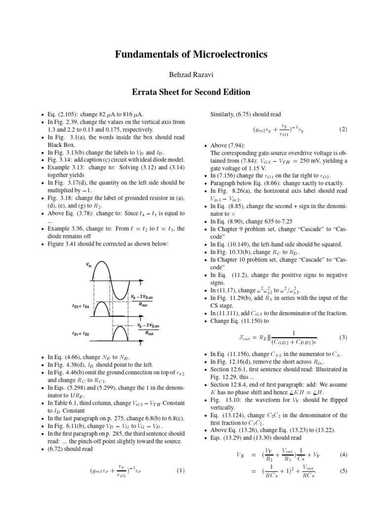 Fundamentals of Microelectronics - Errata Sheet For Second Edition | PDF | Electricity | Electronics