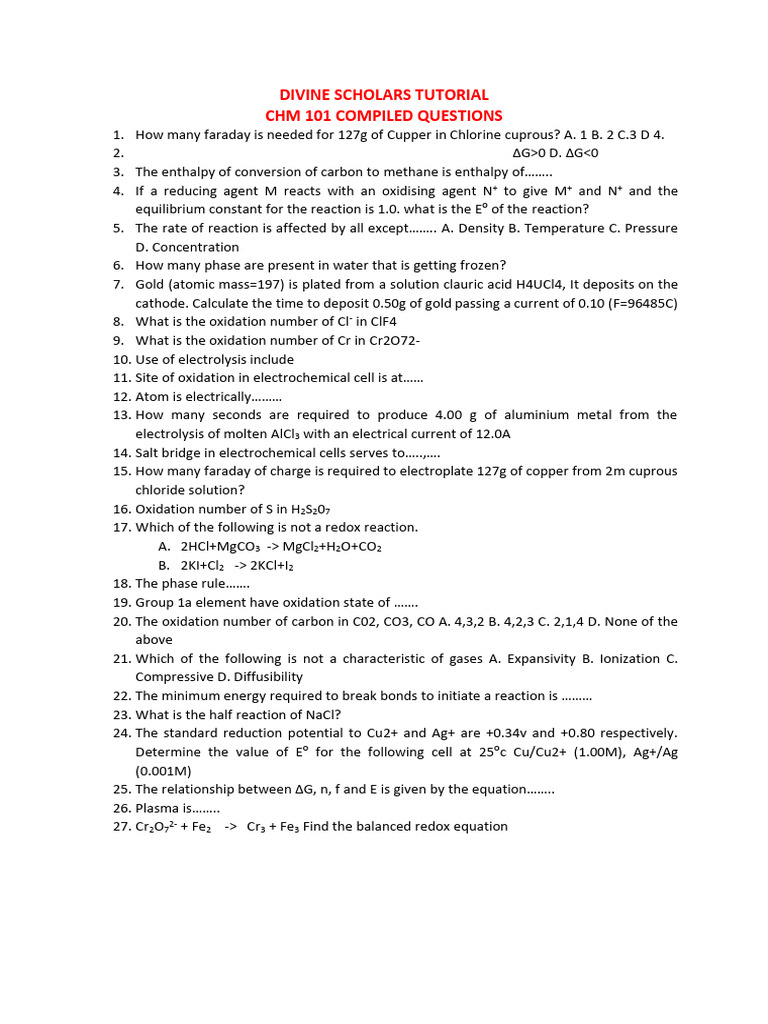 Chm 101 Compiled Questions-1 | PDF | Redox | Chemical Reactions