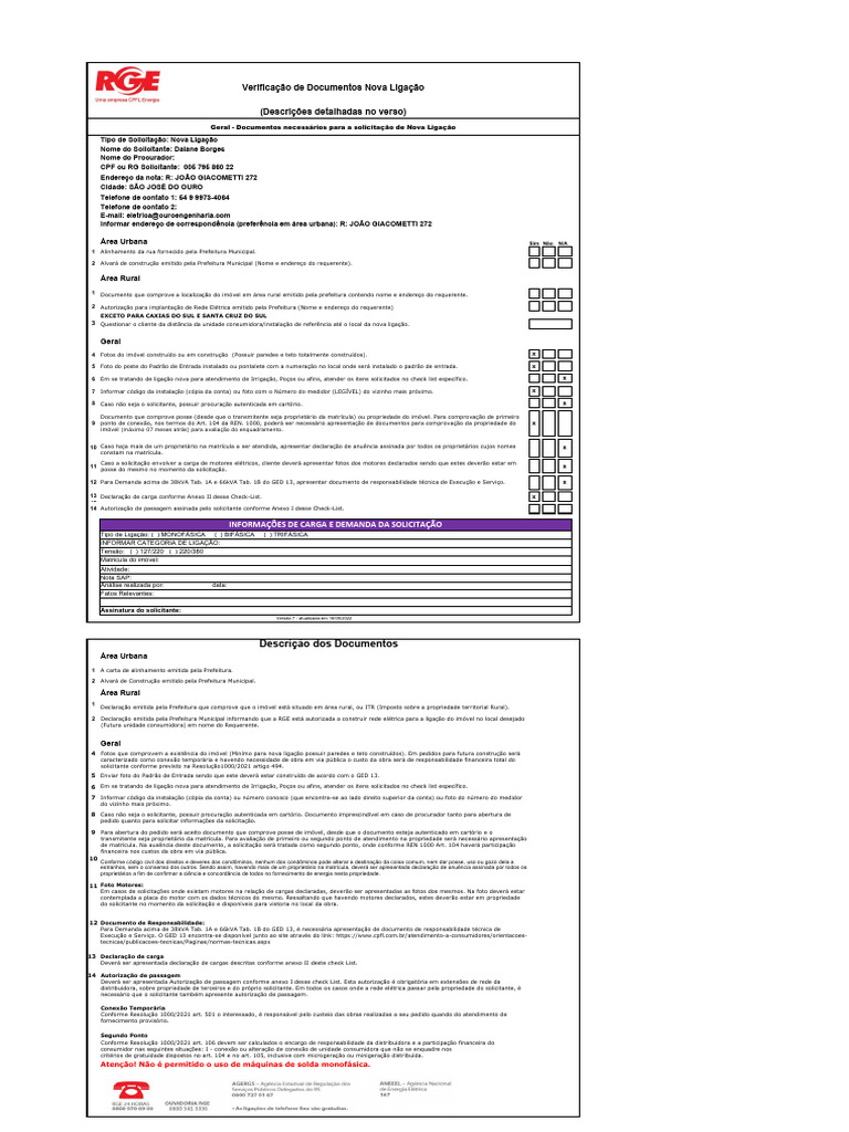 Documentos para Nova Ligação de Luz RGE | PDF | Propriedade privada ...
