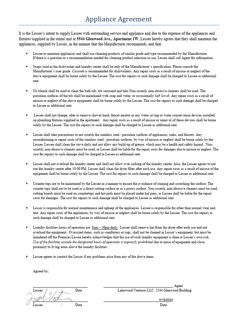 Appliance Maintenance Agreement | PDF | Lease | Countertop