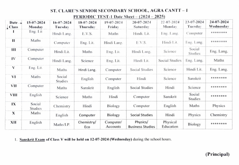 St. Clare's School 2024 Periodic Test Schedule | PDF