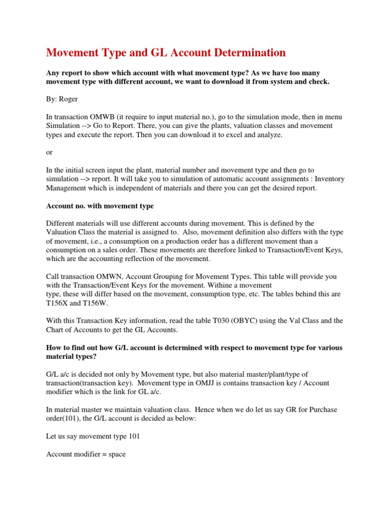 Movement Type and GL Account Determination | PDF | Debits And Credits ...