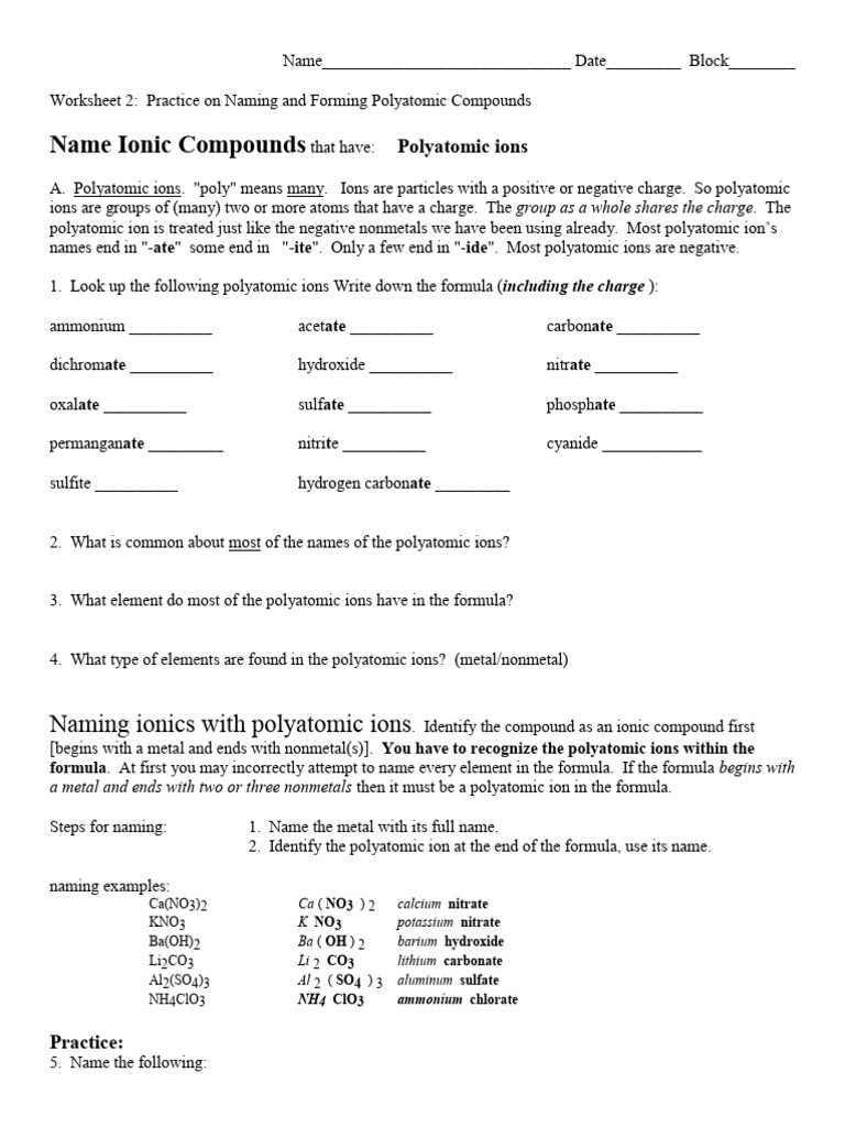 Worksheet - Practice On Naming and Forming Polyatomic Compounds | PDF ...