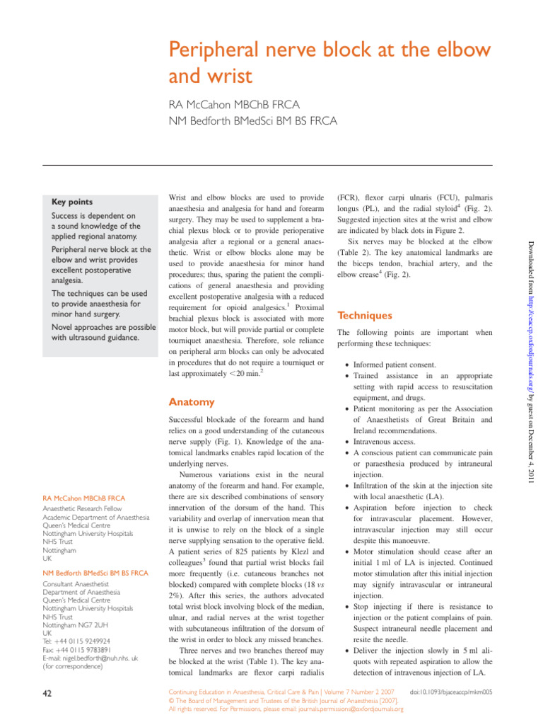 Elbow and Wrist Nerve Blocks Explained | PDF | Elbow | Nervous System