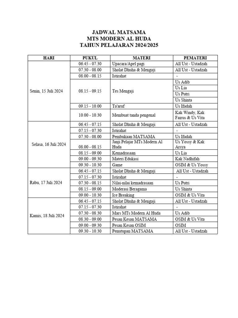 Jadwal Matsama 2024-2025 | PDF