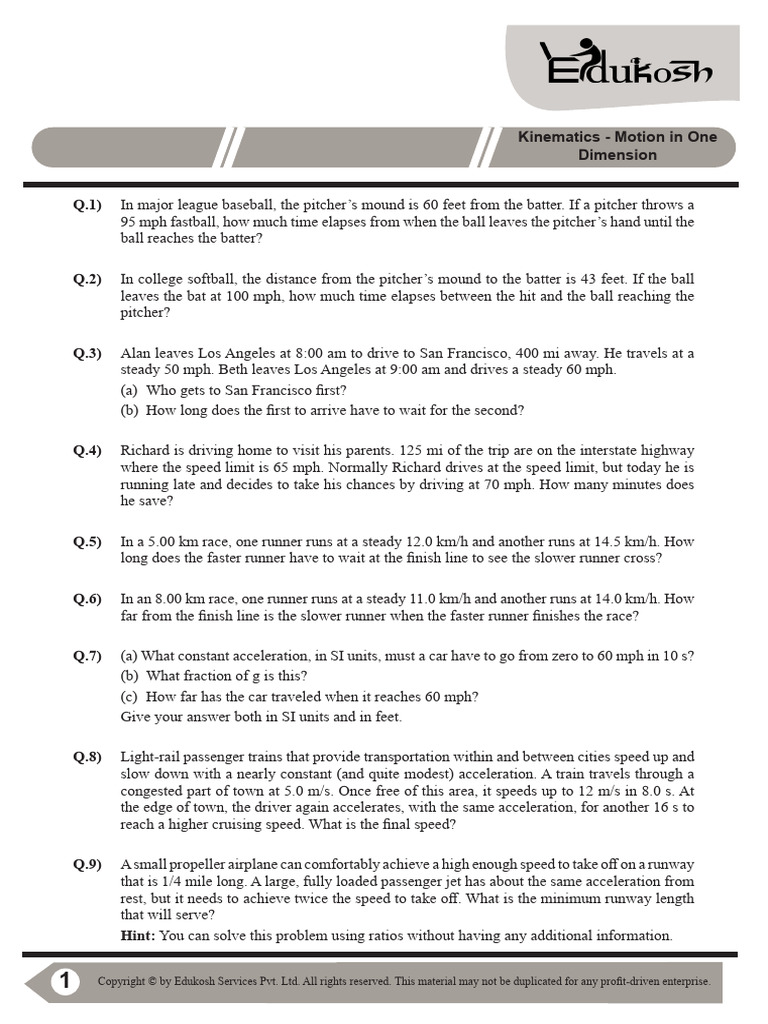 Physics Hons. - Kinematics - Motion in One Dimension - Assignment 2 | PDF | Acceleration | Pitcher