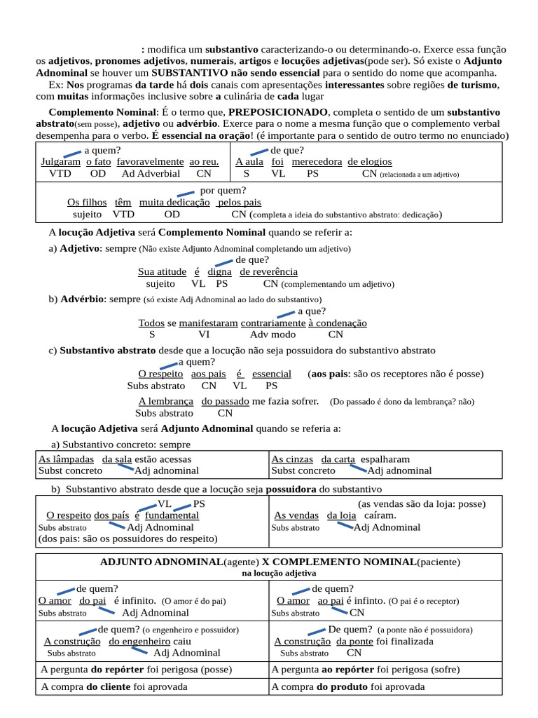 Adjunto Adnominal e Complemento Nominal | PDF | Substantivo | Assunto (gramática)
