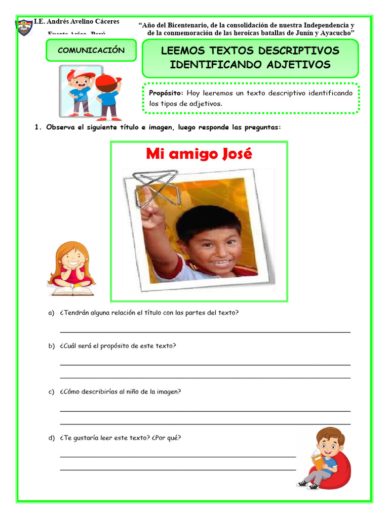 Ficha-Lun-Comun-Leemos Textos Descriptivos Identificando Adjetivos | PDF