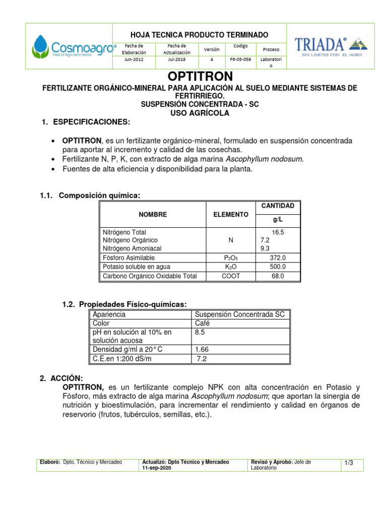 Ficha Tecnica Optitron 11 Sep 2020 | PDF | Fertilizante | Nutrientes