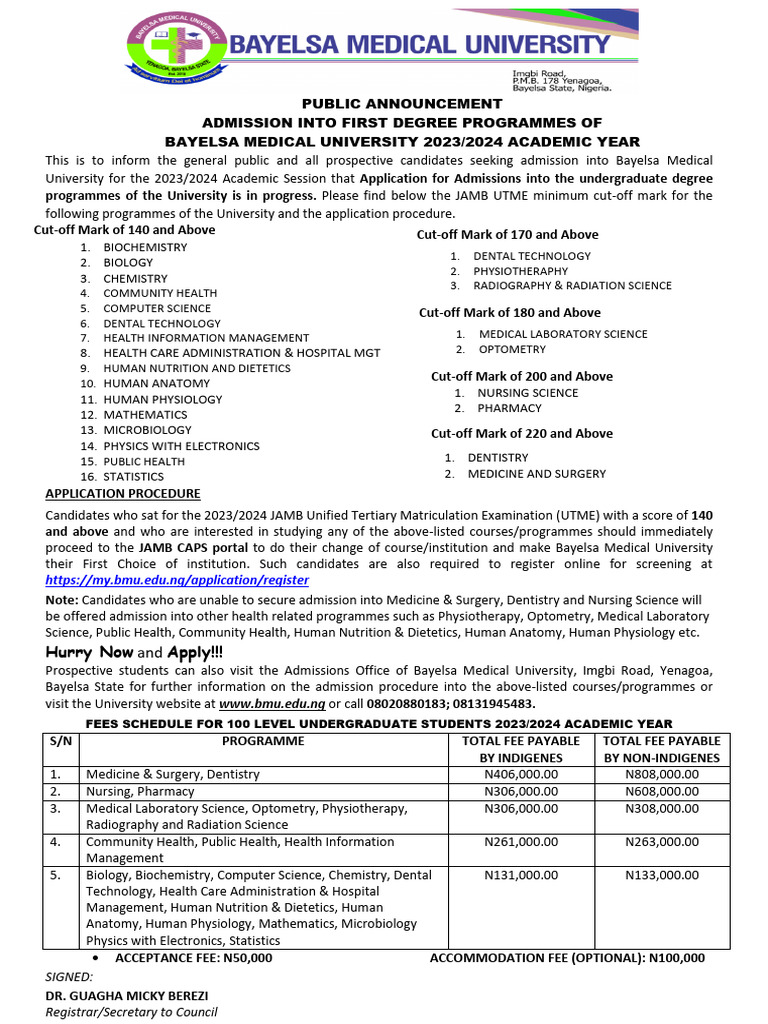 Bayelsa Medical University Admissions 2023/24 | PDF | Medical School | University And College ...