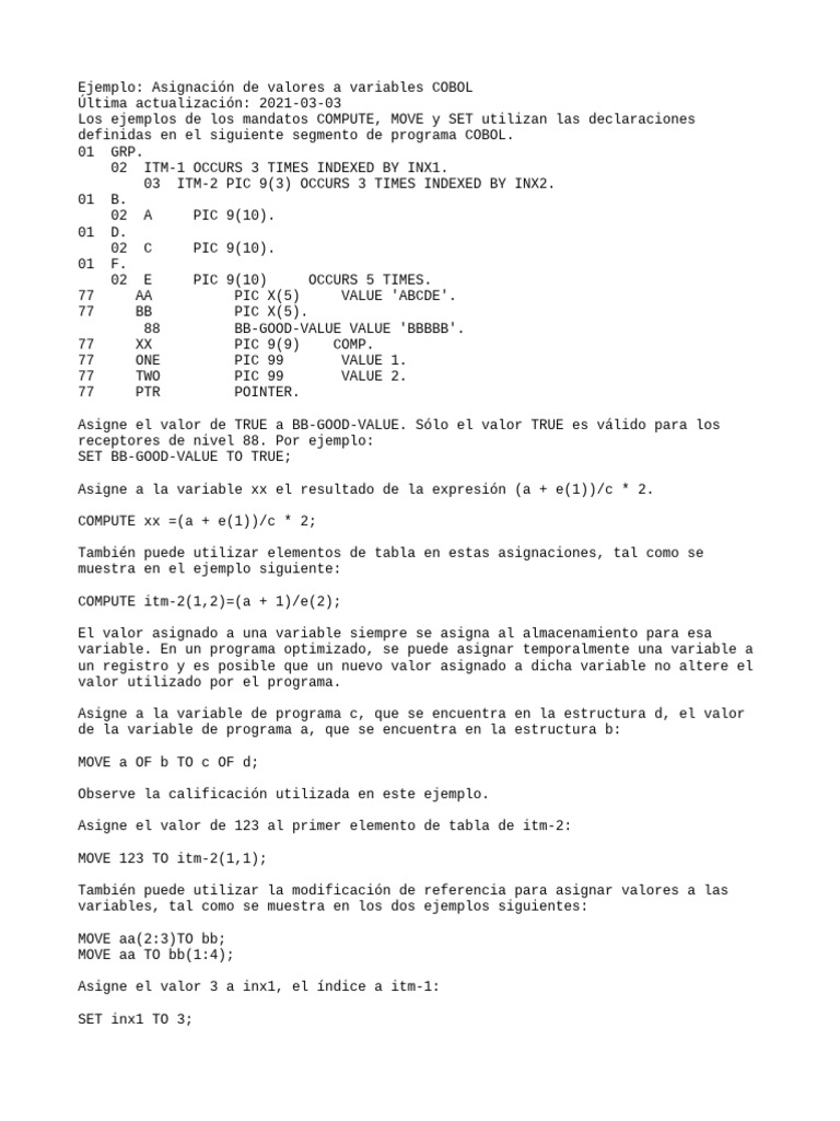 Asignación de Variables en COBOL | PDF | Métodos y materiales de enseñanza | Informática