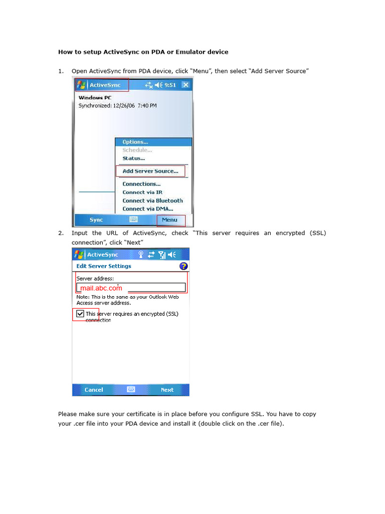 Setup ActiveSync on PDA Guide | PDF