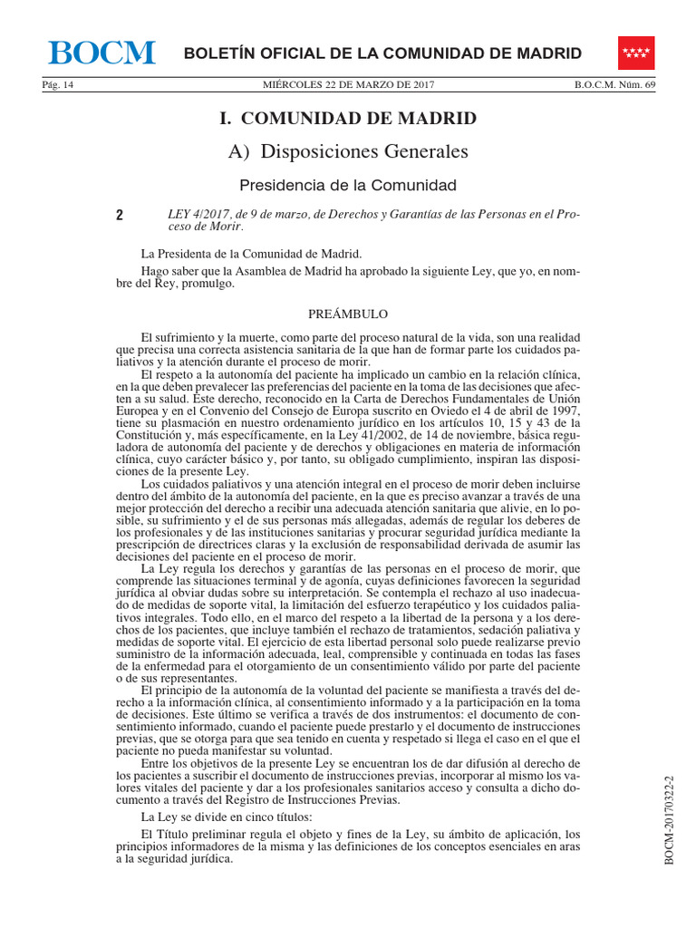 2017 Ley 4-2017 (Madrd) Derechos y Garantías Dignidad Persona en El Proceso de Morir | PDF ...