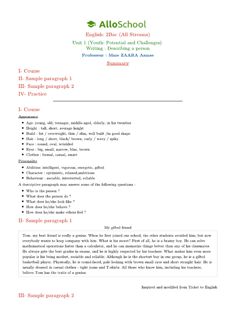 Writing 1 Describing A Person | PDF