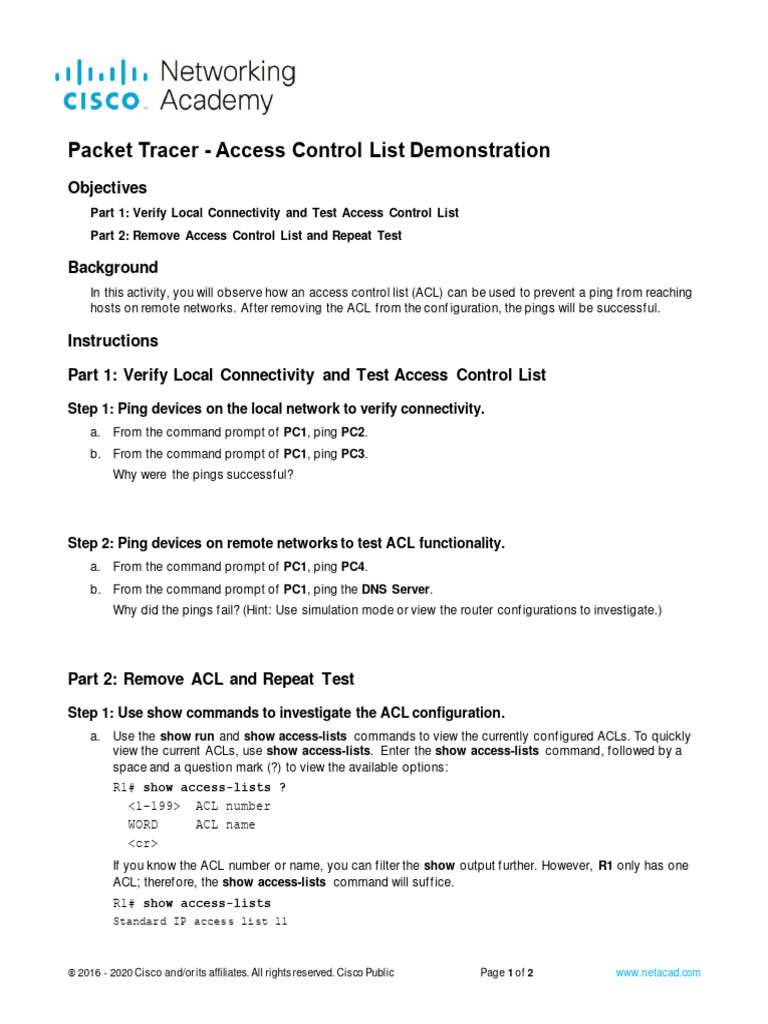 12.3.4 Packet Tracer - Acl Demonstration | PDF | Internet Protocols | Router (Computing)