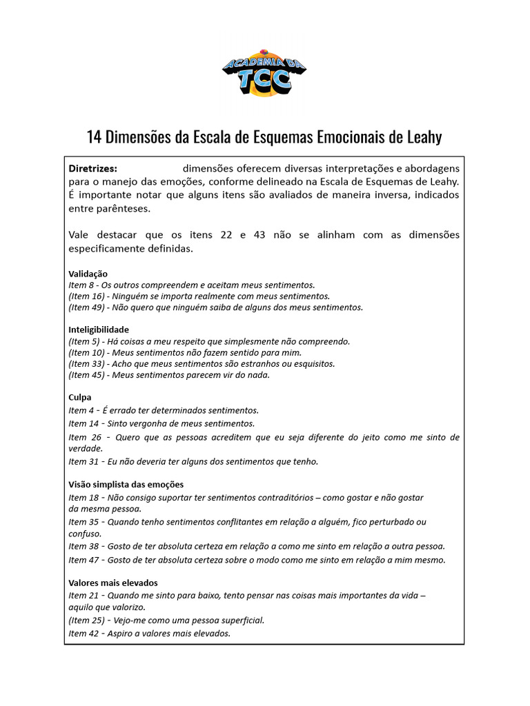 14 Dimensões da Escala de Esquemas Emocionais de Leahy | PDF ...