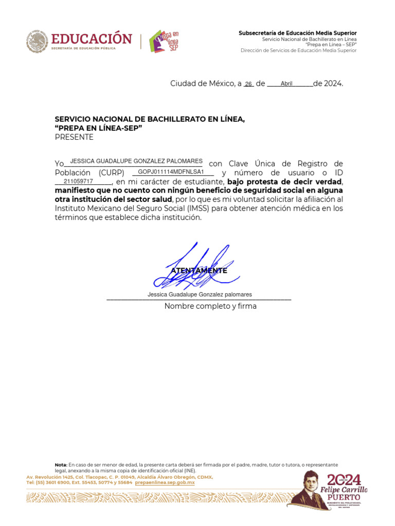 Carta de solicitud de afiliación al IMSS | PDF