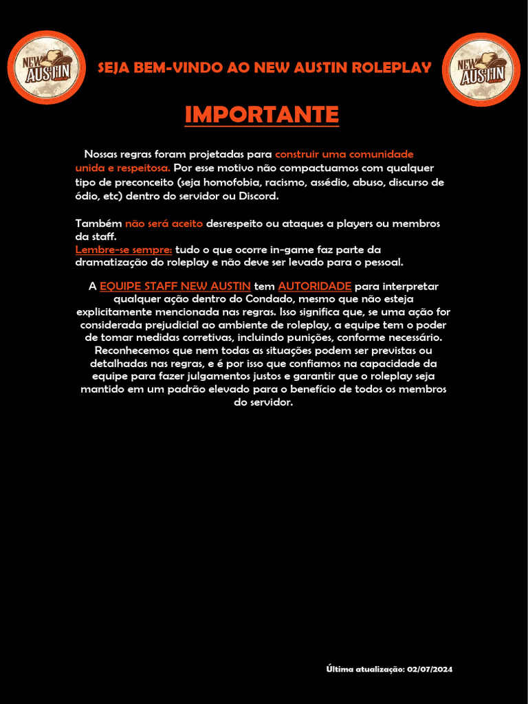 Regras do Servidor New Austin Roleplay | PDF | Polícia | Jogos de RPG