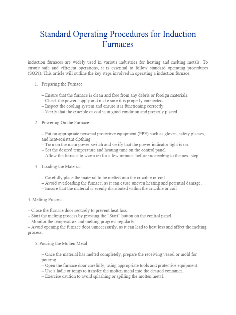 Induction Furnace Operating Procedures | PDF | Personal Protective ...