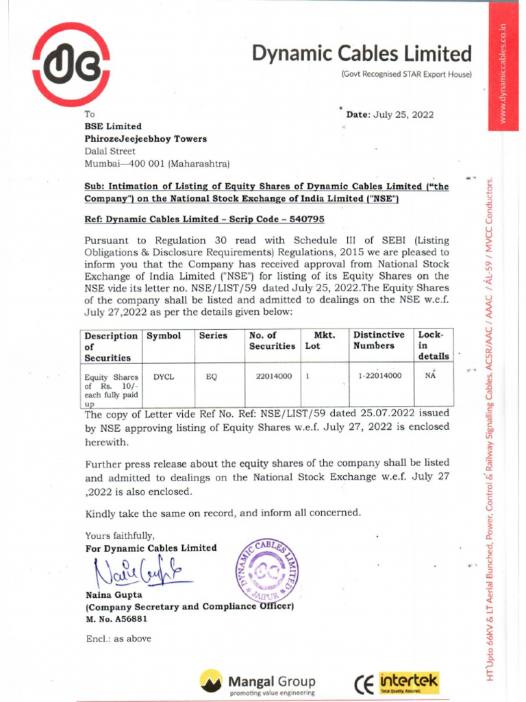 Intimation of Listing of Company On NSE Platform | PDF | Stock Exchange ...