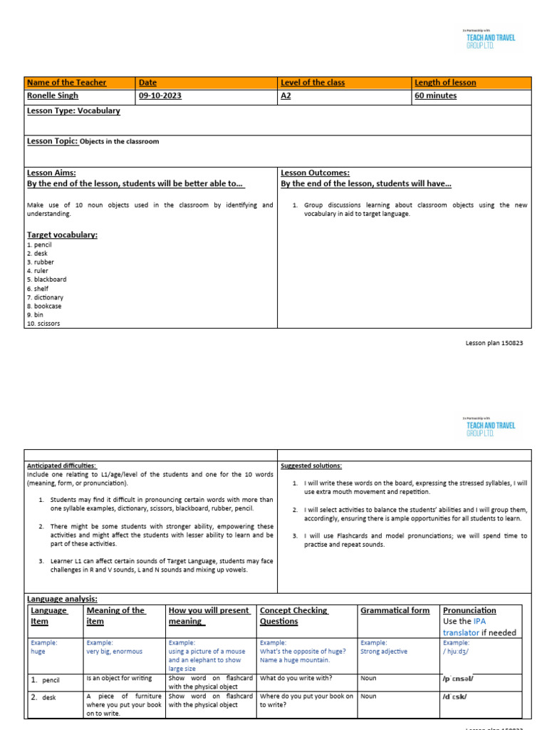 Assignment 1- Fundamental Basics-Lesson Plan | Download Free PDF | Second Language | Vocabulary